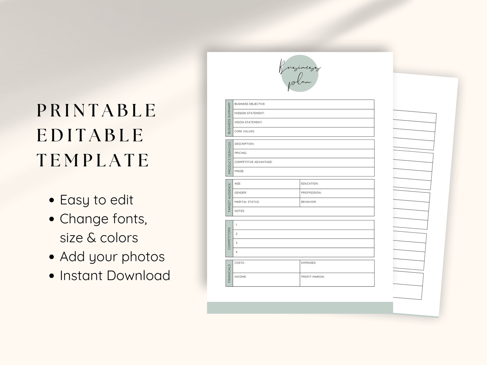 Business Plan Template Editable Small Business Worksheet Side Hustle ...