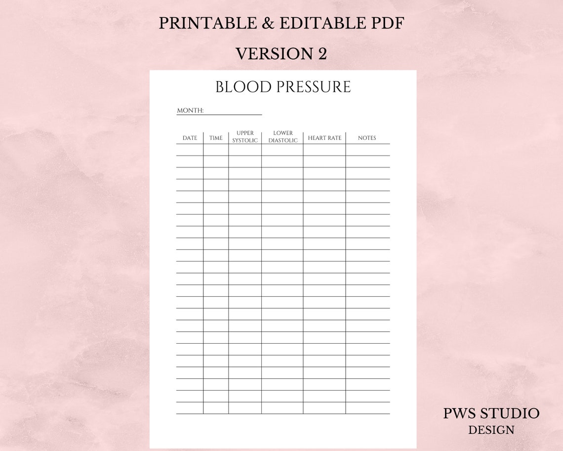 Blood Pressure Log Editable and Printable BP Tracker Daily Blood ...