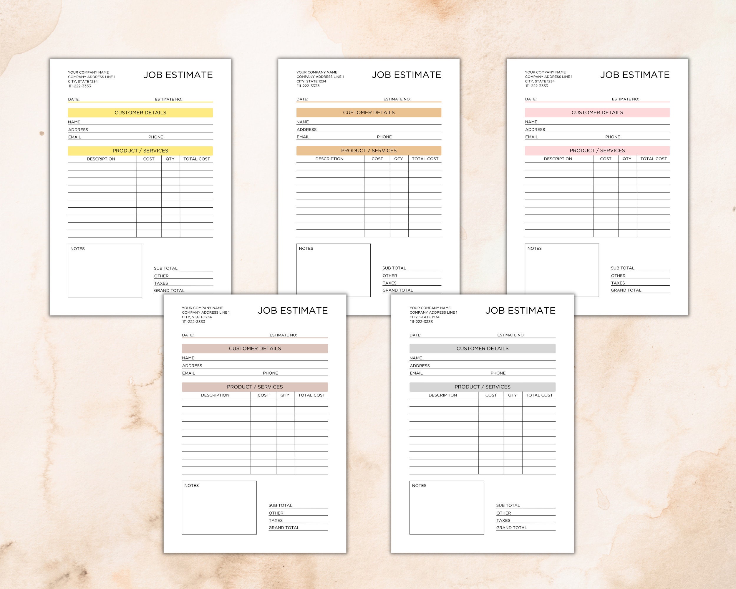 Job Estimate Printable and Editable Template, Contractor Estimate Sheet ...