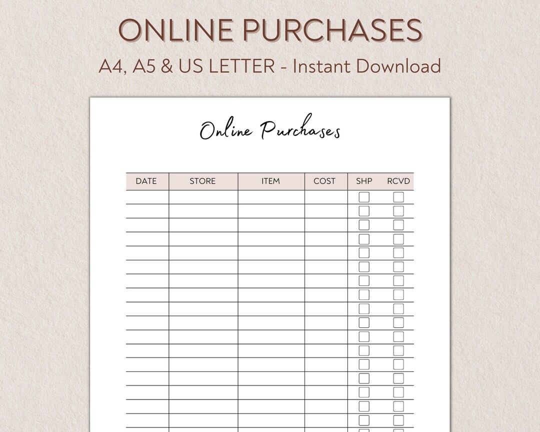 Printable Online Purchases Tracker, Order Tracker Template, Shopping ...
