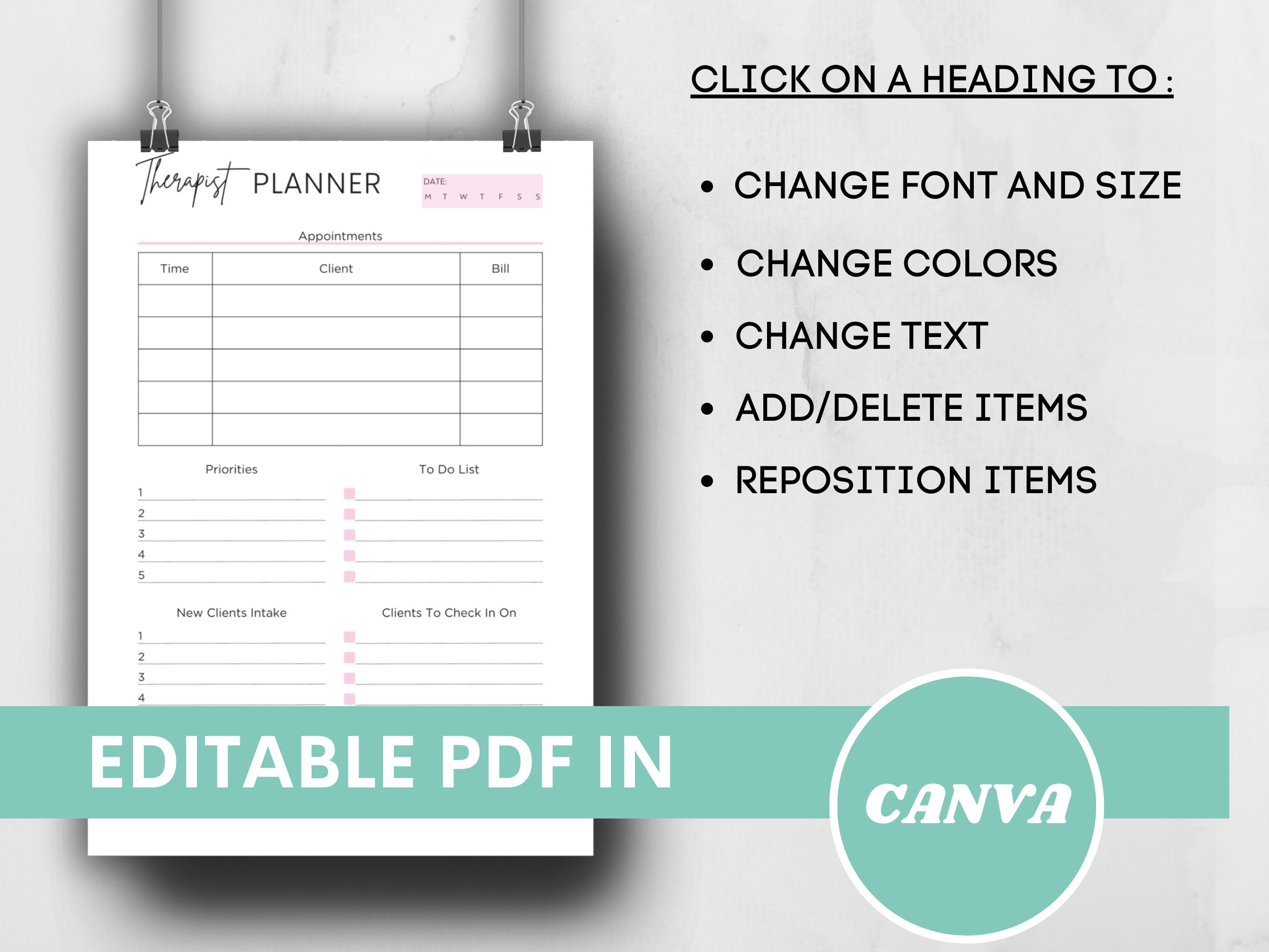 Therapist Daily Planner, Printable Daily Therapist Appointments ...
