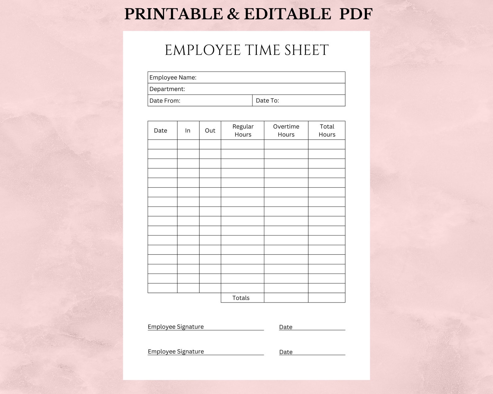 Employee Time Sheet Editable and Printable, Work Schedule Log ...