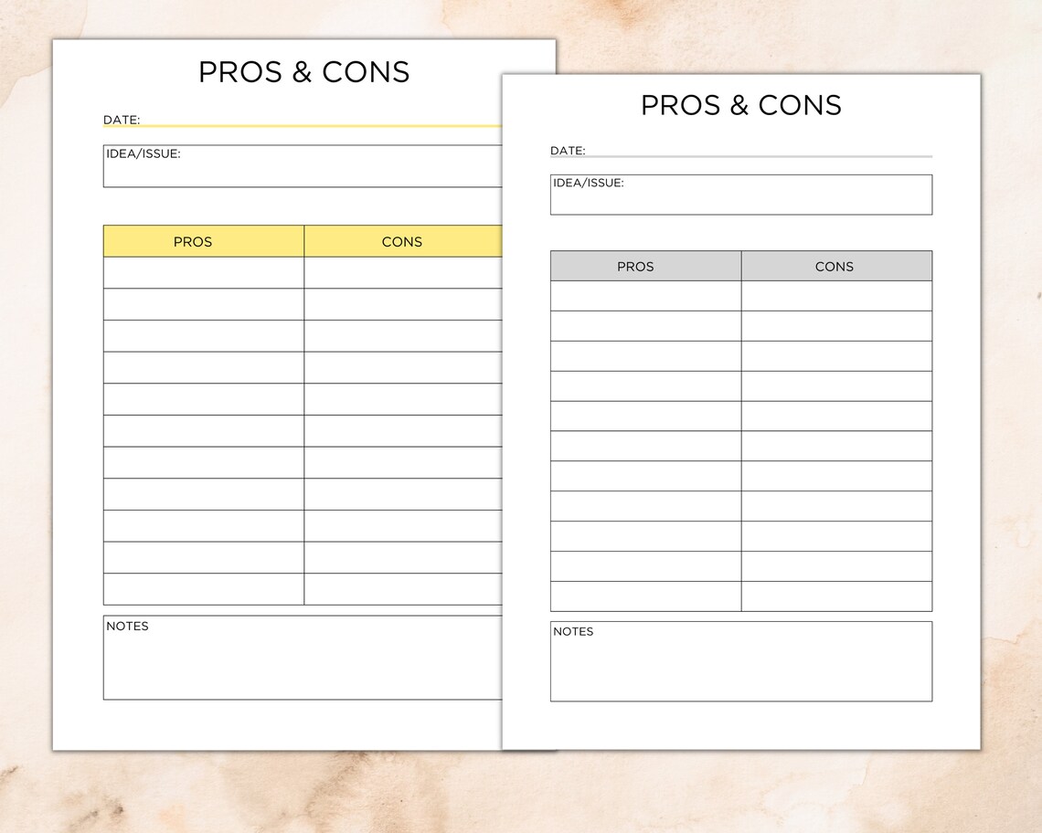 Pros and Cons List Printable Editable Print at Home Planner Life ...