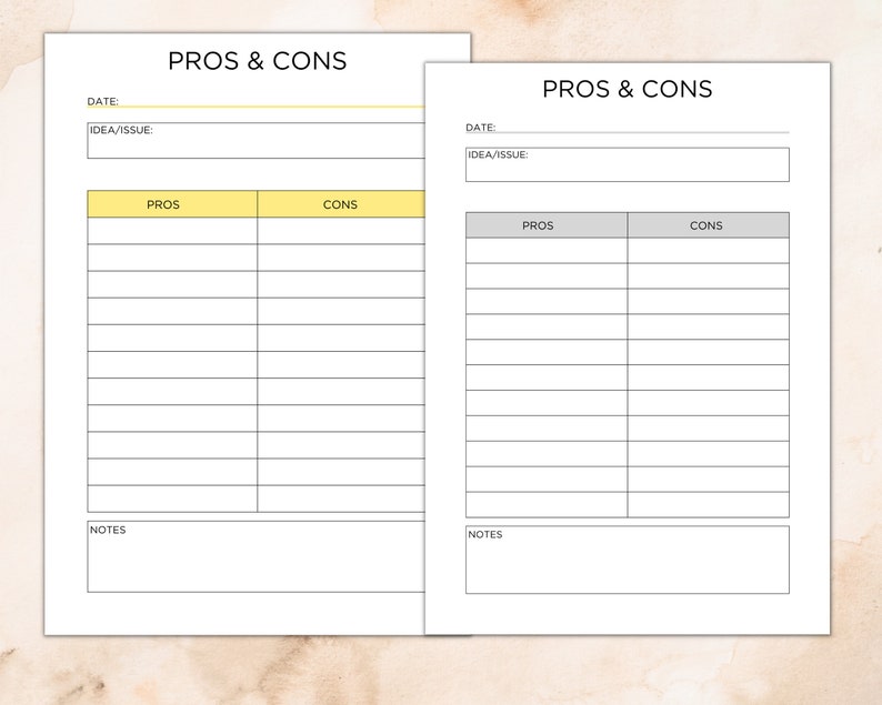 Pros and Cons List Printable Editable Print at Home Planner Life ...