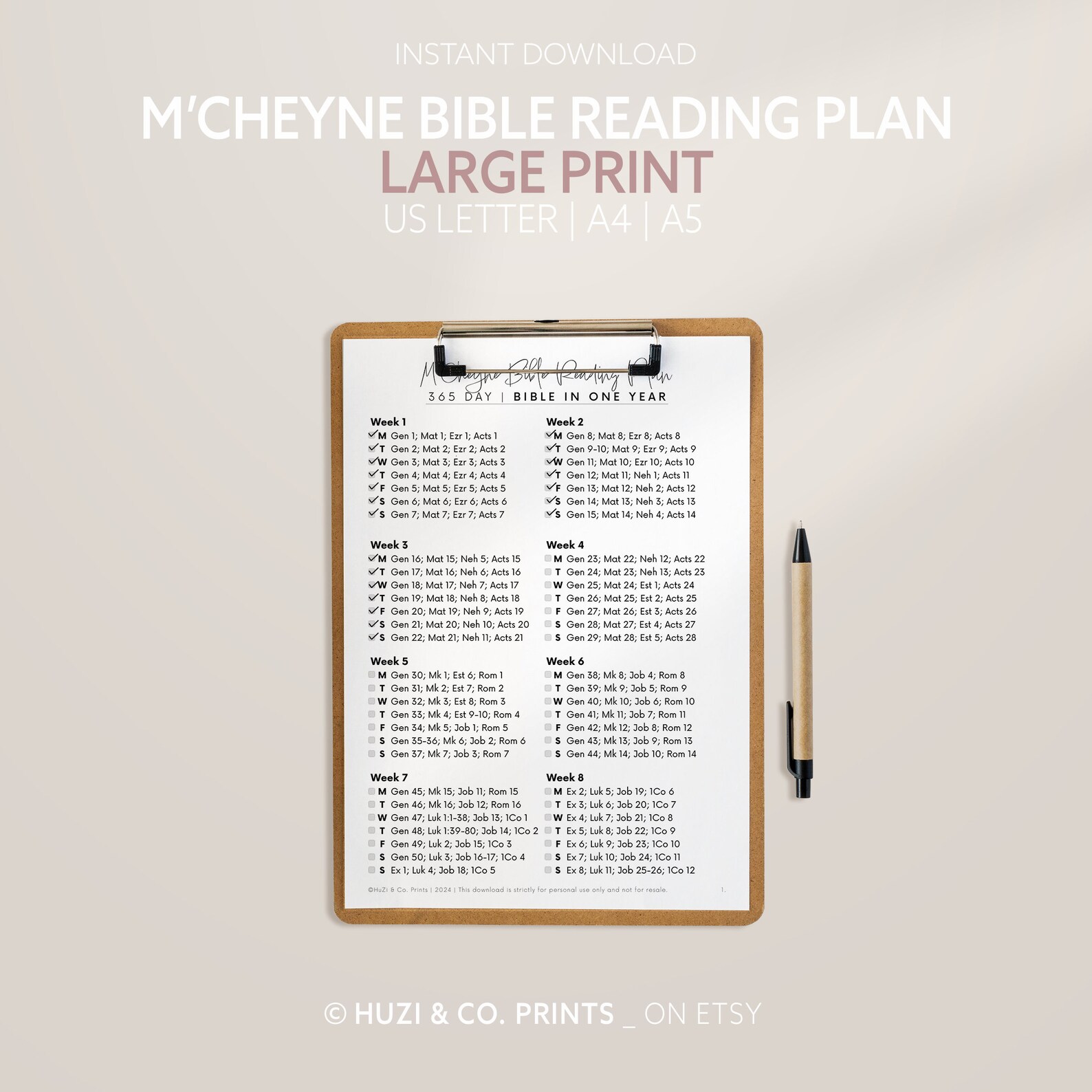 M'cheyne Bible Reading Plan, Large Print Bible Printable, 1 Year Bible ...