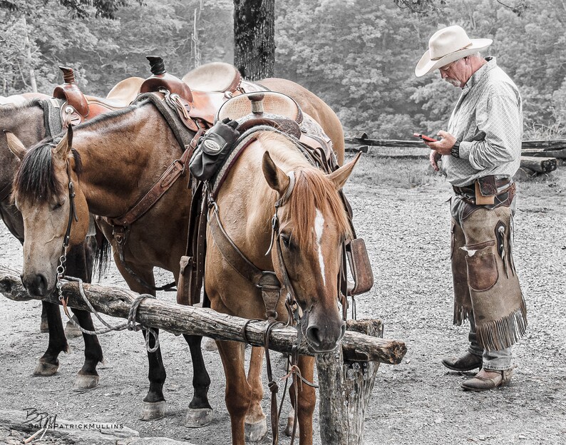 Photographic Print of Old Cowboy on His Phone - Etsy