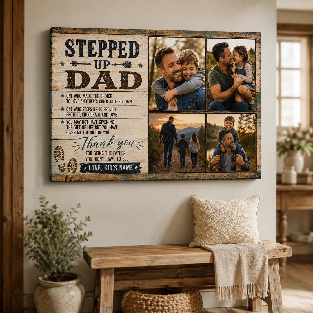 Stepped up Dad Canvas, Custom Photo Collage Poster, Thank You for Being ...