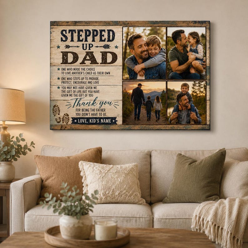 Stepped up Dad Canvas, Custom Photo Collage Poster, Thank You for Being ...