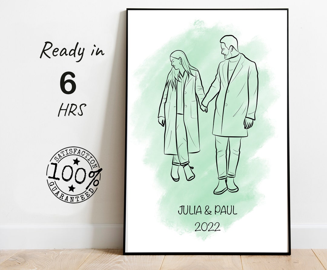 Couple Outline Drawing Print, Custom Line Art Portrait, One Line ...