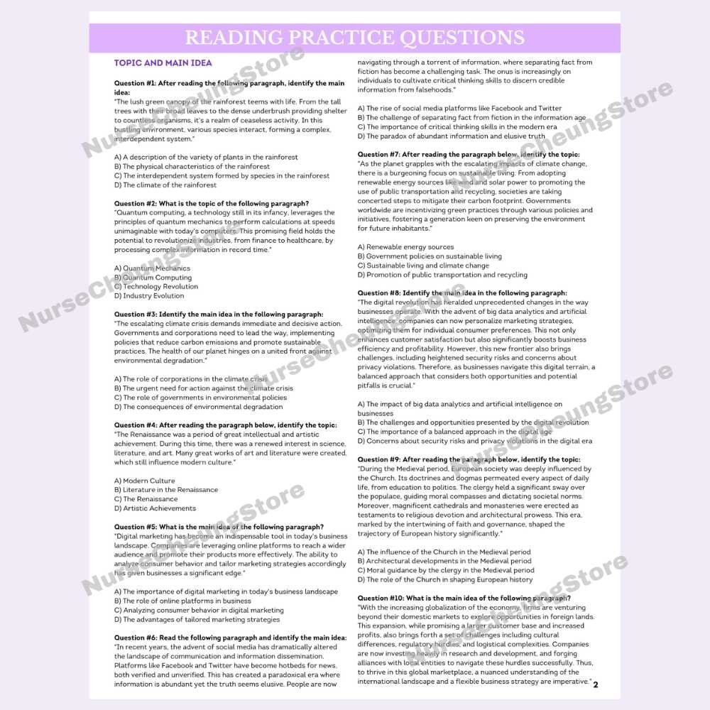 650 + ATI TEAS V7 Nursecheung Reading Practice Questions (DIGITAL ...
