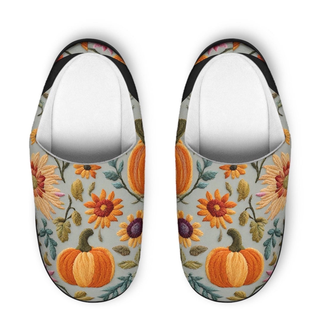 Warm Pumpkin Slippers Women Faux Embroidery Custom Cozy Indoor Flower ...