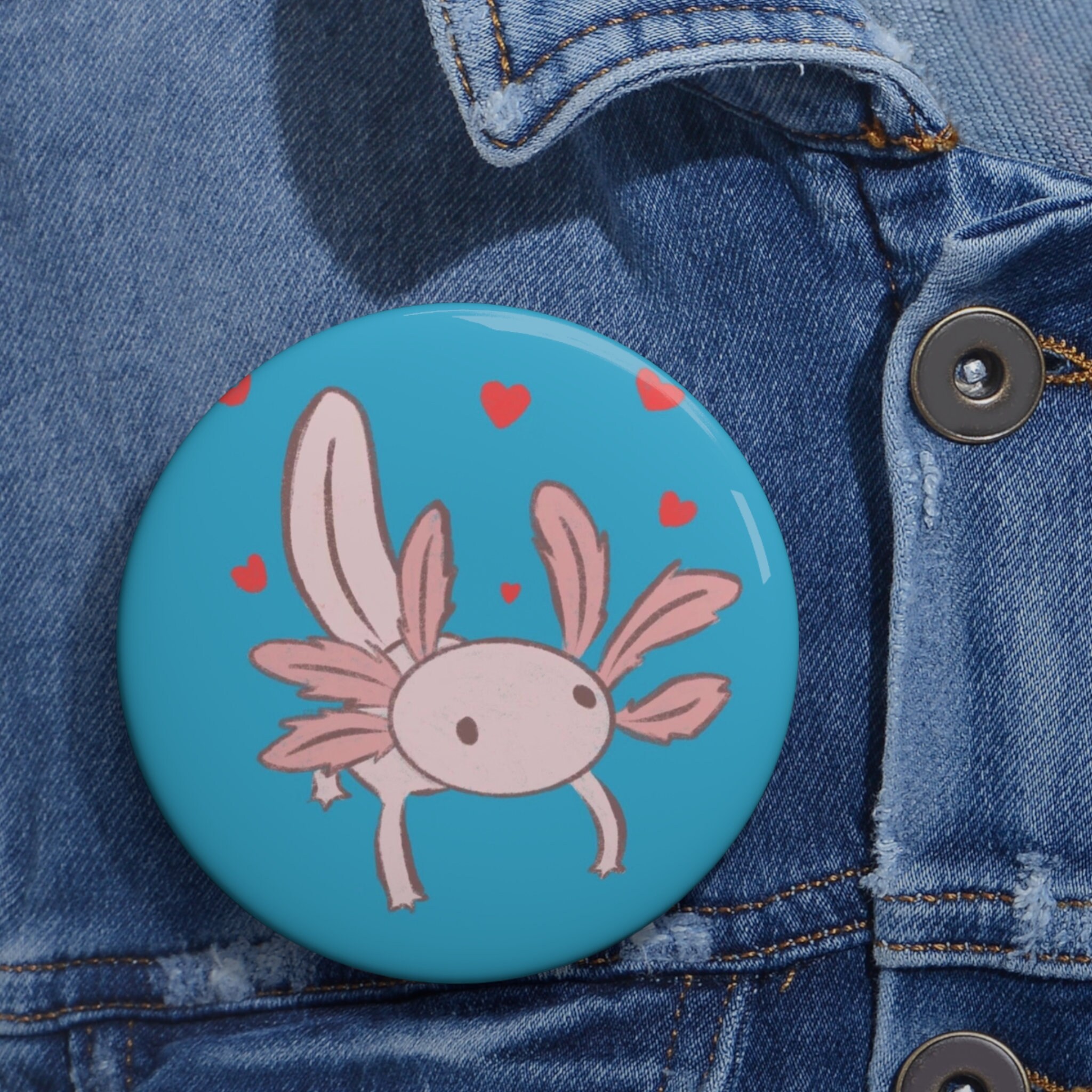 Cute Adorable Axolotl Button Pin, Custom Kawaii Pink Axolotl, Hearts Valentines Teacher ...