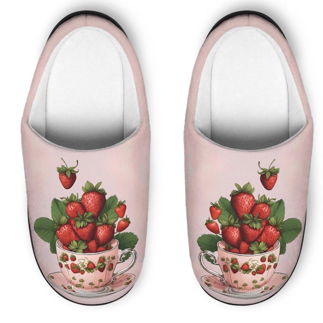 Pink Slippers Strawberry Tea Cup Women Slippers, Spa Slippers Women ...