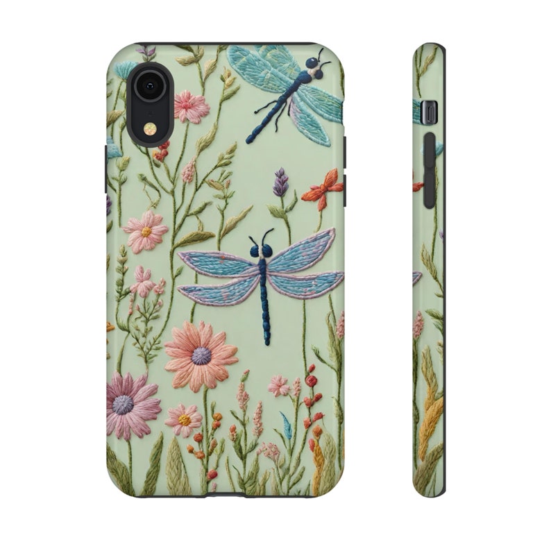 Floral Dragonfly Phone Case Tough iPhone 15 Samsung Pixel Embroidery ...