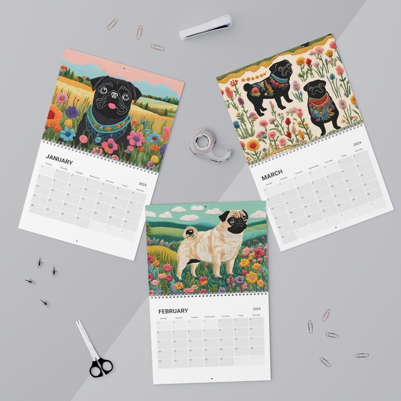 Cute White Black Pug Calendar 2024, Pug Embroidery 2024 Calendar ...