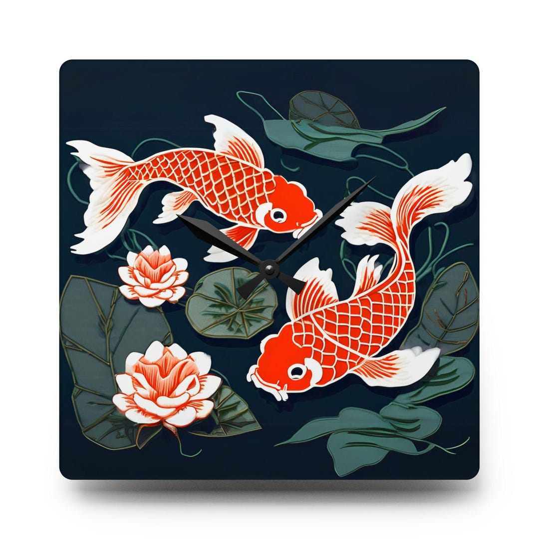 Koi Fish Wall Clock Acrylic, Round and Square Shapes, Chinese Decor ...