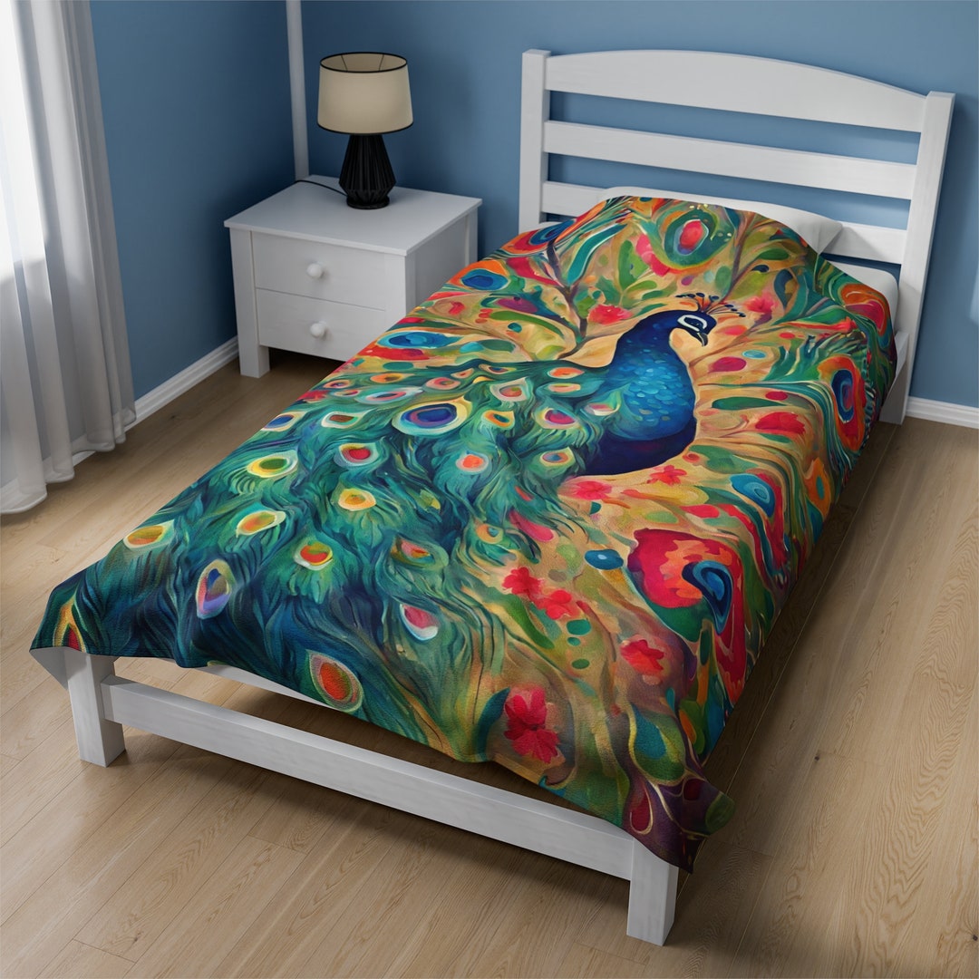 Majestic Vibrant Peacock Velveteen Plush Blanket, Throw Blanket ...