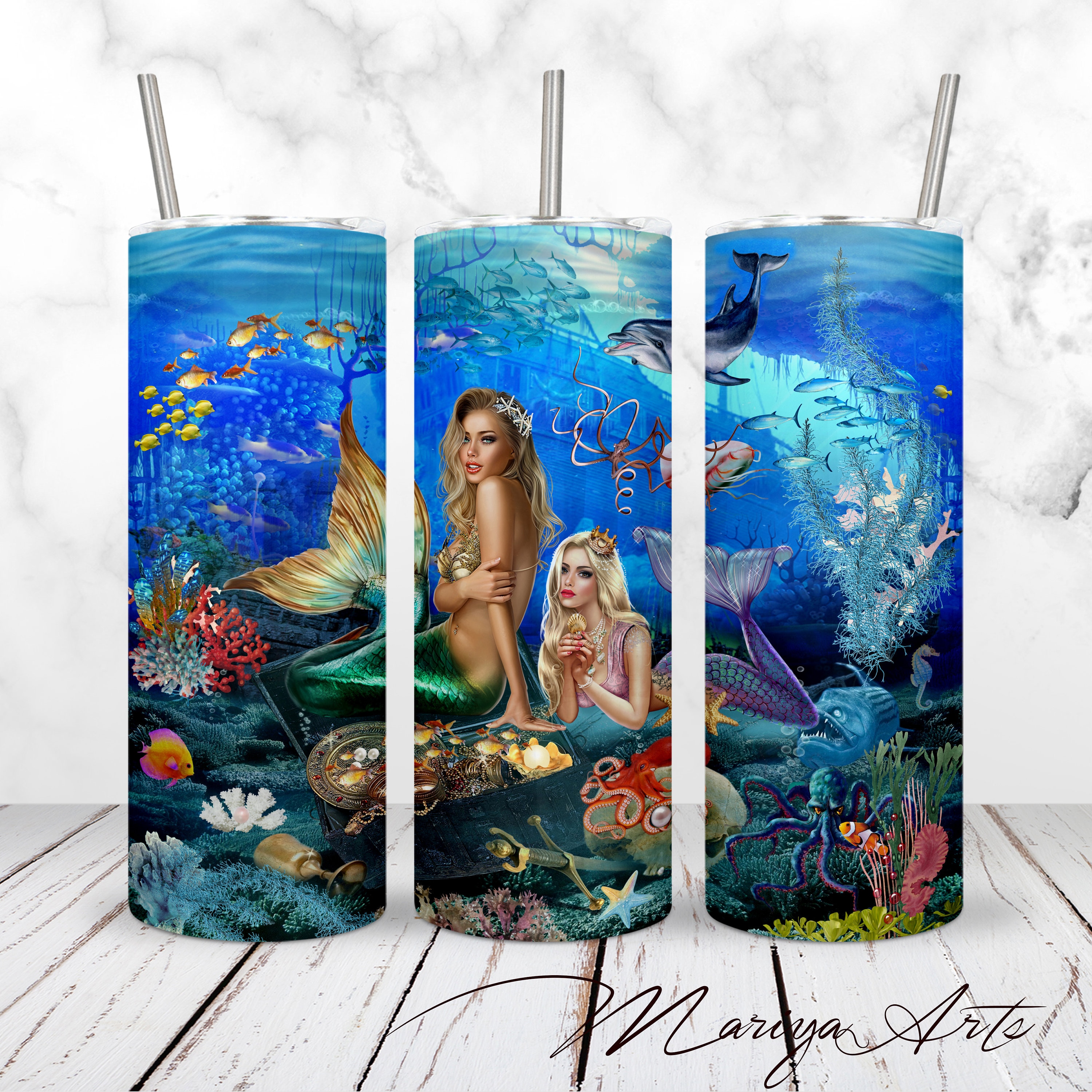Mermaids Tumbler Wrap PNG 20oz Skinny Tumbler Under the Sea Тreasures Seamless Sublimation ...