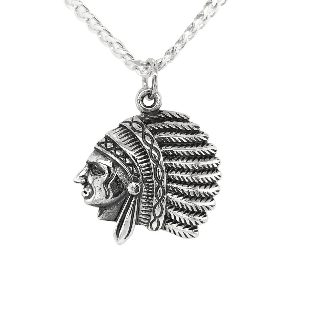 925 Silver Native American Chief Necklace Aboriginal Head Jewelry ...