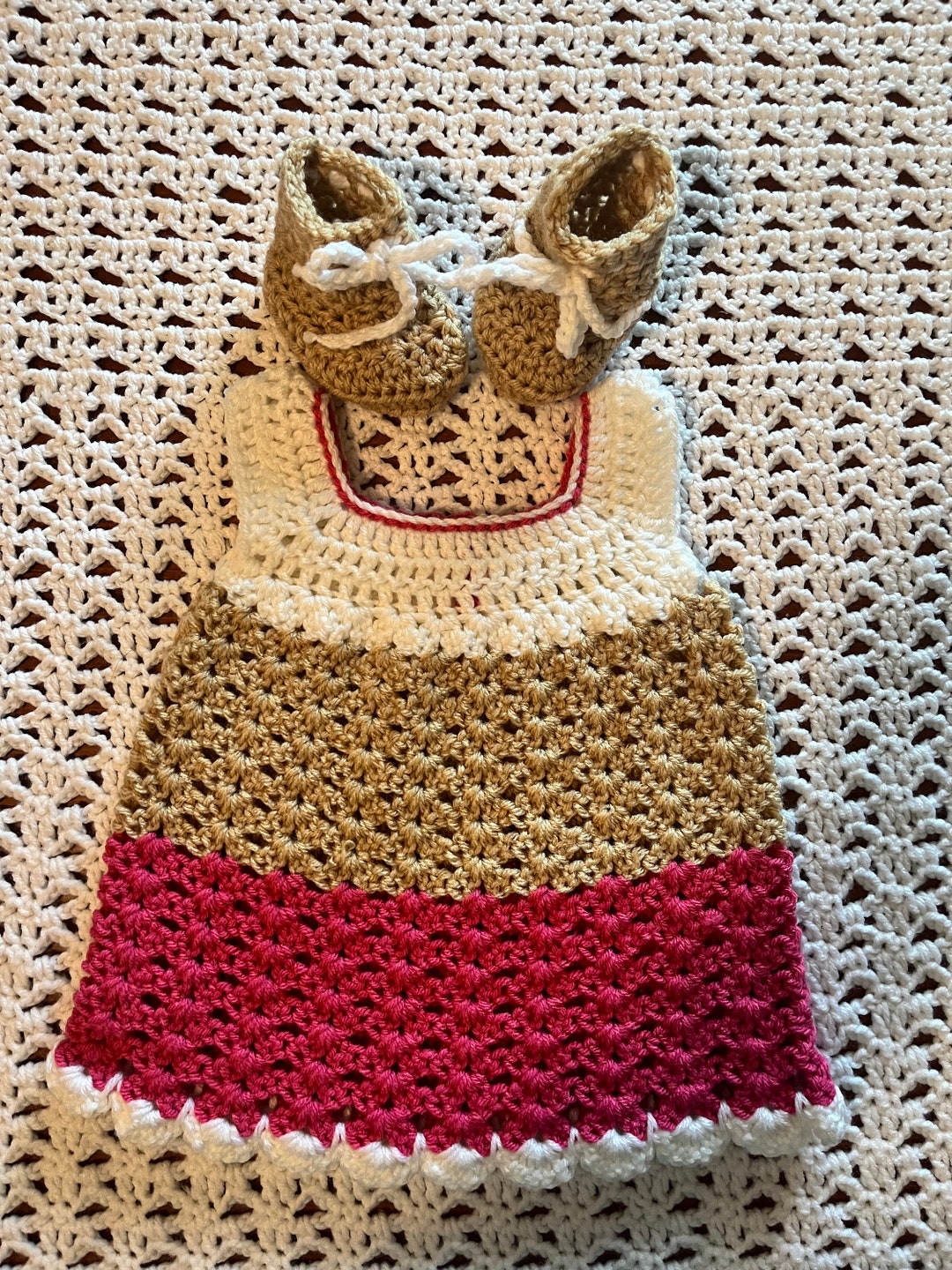 White-raspberry-tan Infant Sundress With Booties - Etsy