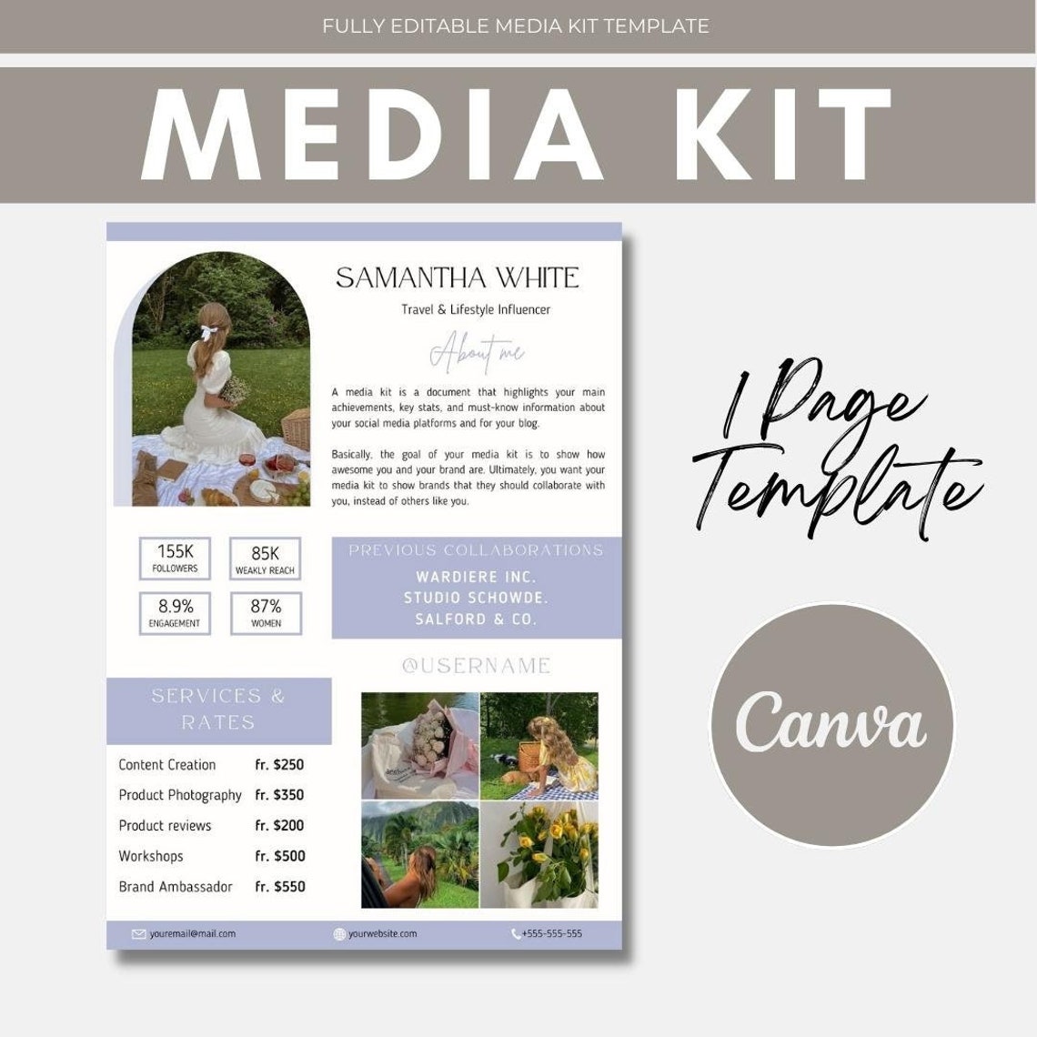 1 Page Media Kit Template | Media Kit Canva Template|instagram Tiktok ...