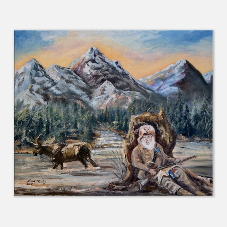 Hidden Hunter, on Stretched Canvas, Mountain Man Hunting Moose, Fur ...
