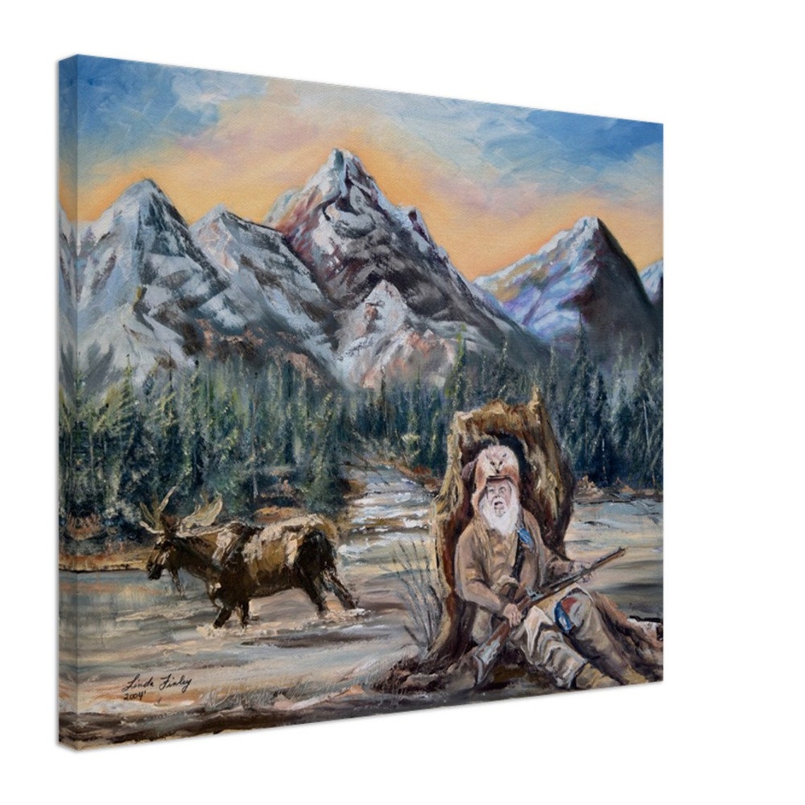 Hidden Hunter, on Stretched Canvas, Mountain Man Hunting Moose, Fur ...