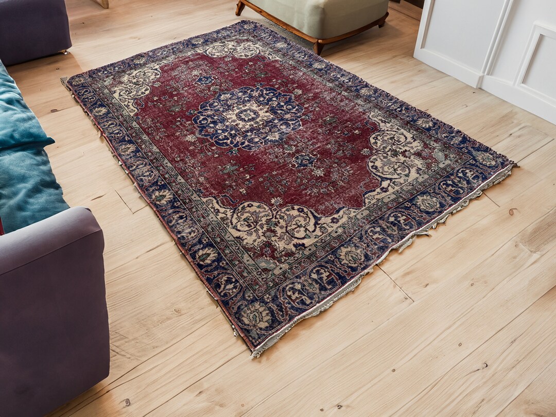 6x10 Feet Oriental Vintage Rug, 6x10 Blue Red Turkish Rug, 6x10 Wool ...