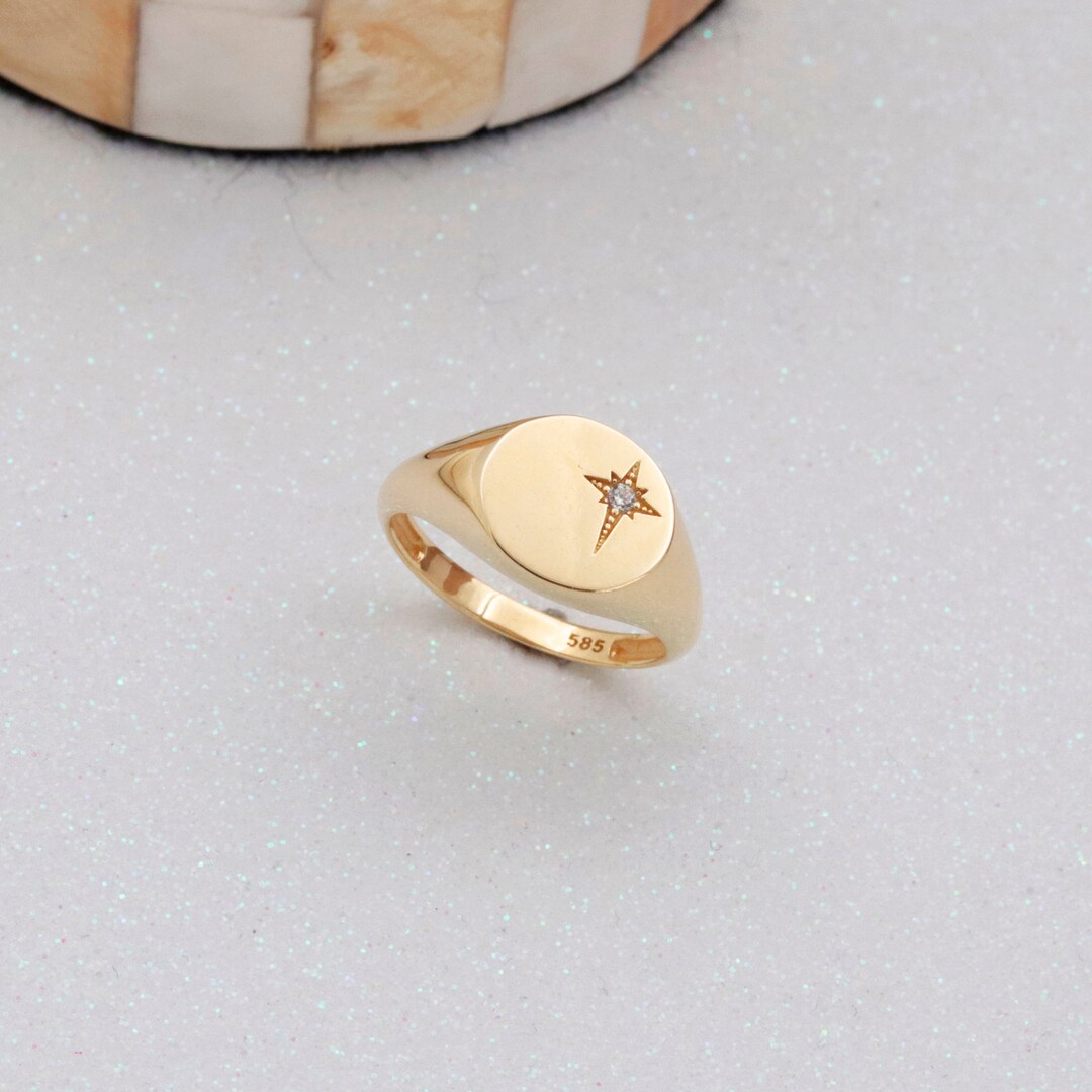 Signet Ring 14K Gold Pinky Ring Starburst Ring Gold North Star Ring - Etsy
