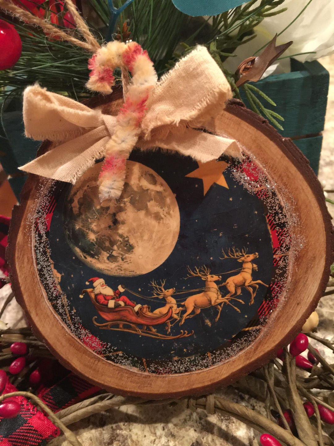 Vintage Antique Country-looking Santa With Sleigh Wood Slice Ornament ...