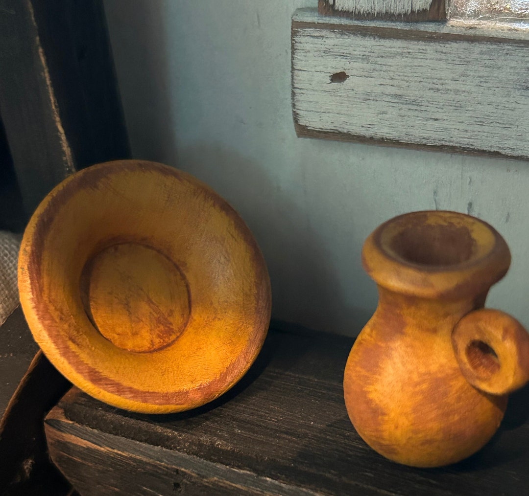 Primitive Country Victorian Distressed Dollhouse Wash Basin and Bowl ...