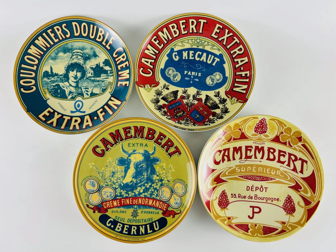 Set of 4 Camembert Cheese Themed Plates in Mainly Blue Red and Yellow ...