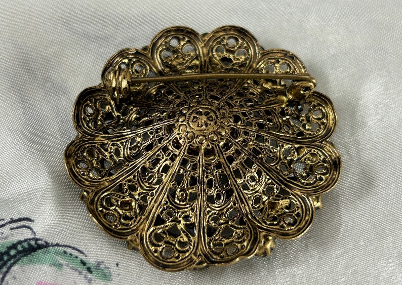 Filigree Brooch With Faux Green Emeralds and Locking C Clasp Antique ...