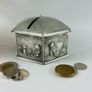 Royal Selangor Pewter Coin Bank Teddy Bear Picnic Hexagonal Design Grey ...