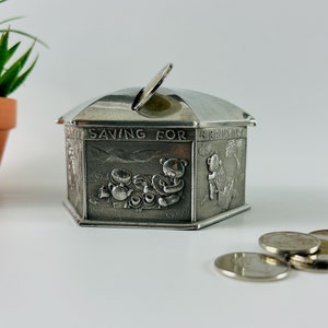 Royal Selangor Pewter Coin Bank Teddy Bear Picnic Hexagonal Design Grey ...