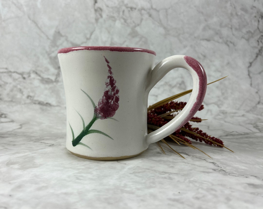 Pottery Coffee Mug Hand Painted Pink Fireweed Green Foliage Alaska and ...