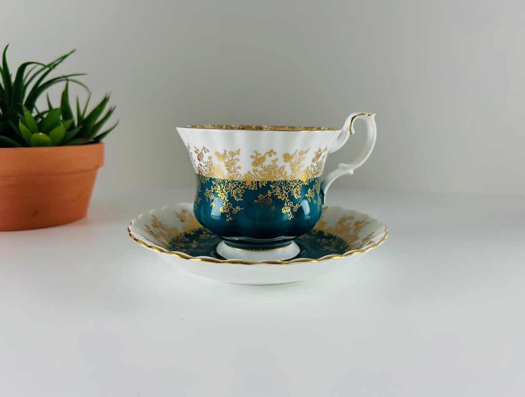 Royal Albert Teacup and Saucer in White Teal and Gold Mid Century ...