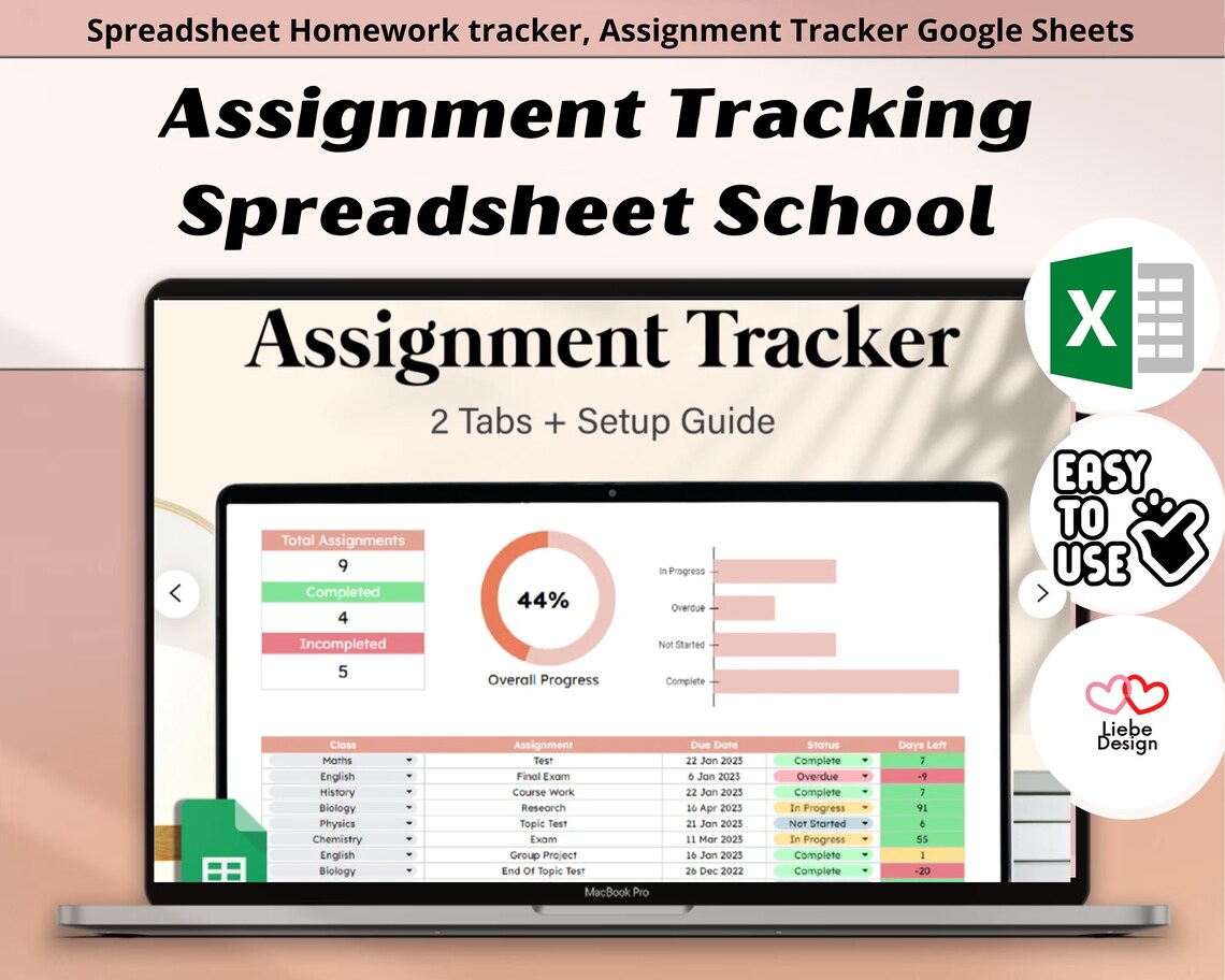 Assignment Tracking Spreadsheet School Spreadsheet Homework - Etsy