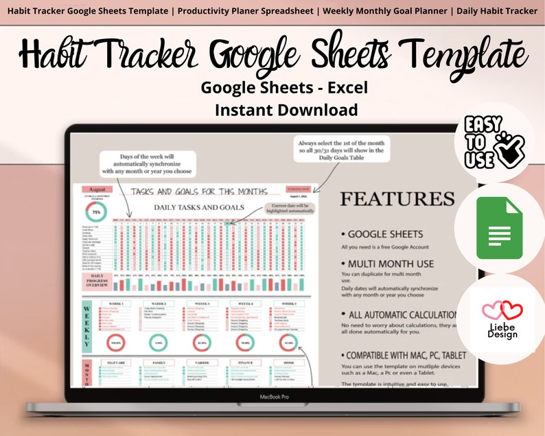 Habit Tracker Excel google Sheets Template Productivity - Etsy