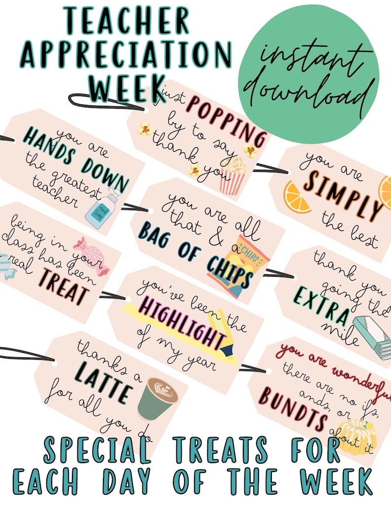Teacher Appreciation Week - Daily Gift Tags - INSTANT DOWNLOAD - Etsy