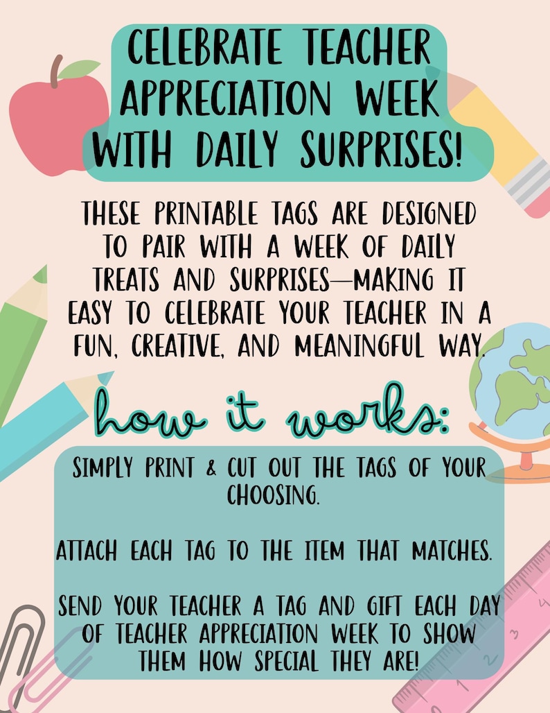 Teacher Appreciation Week - Daily Gift Tags - INSTANT DOWNLOAD - Etsy