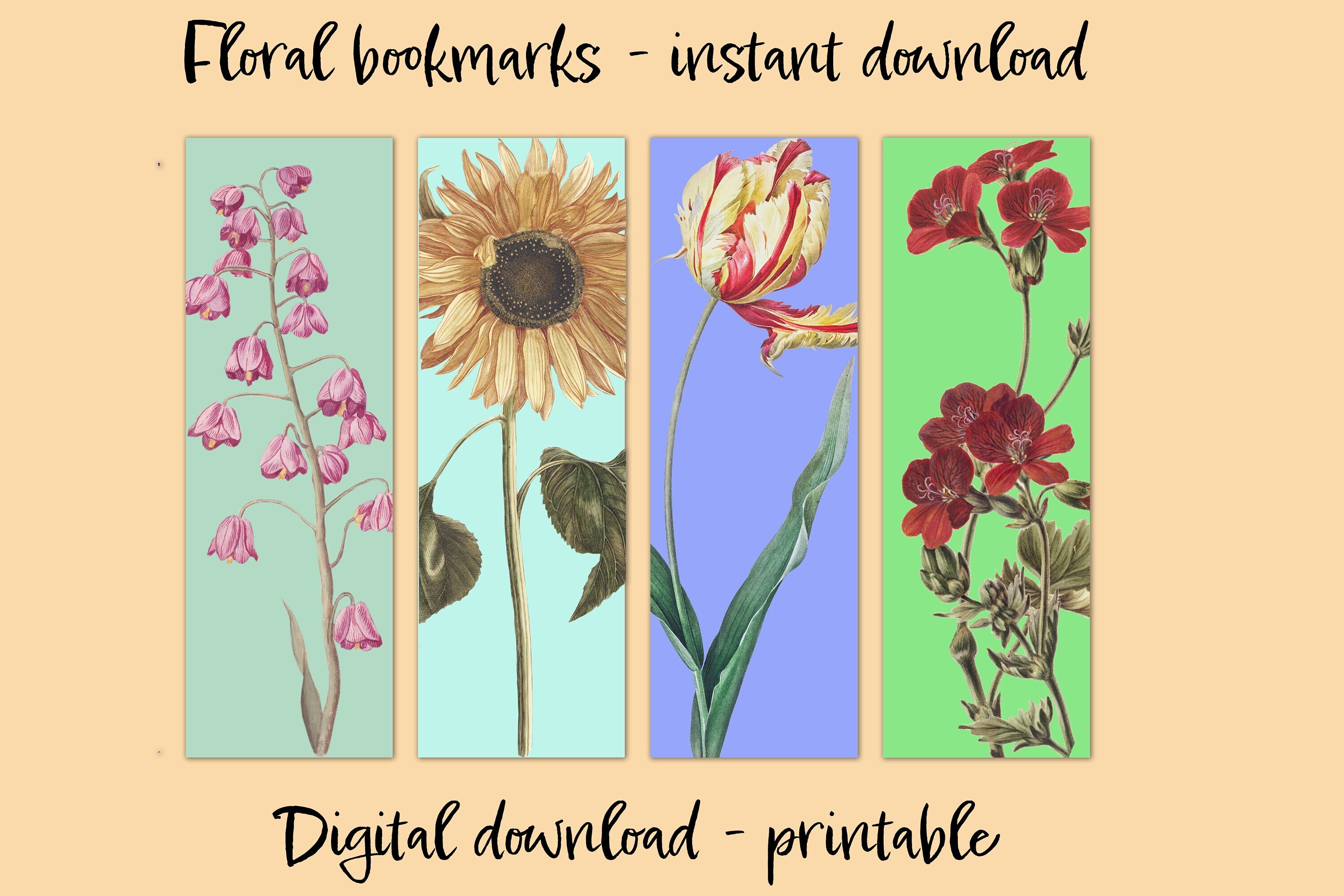 Printable Floral Bookmarks, Instant Download, Printable Bookmarks for ...