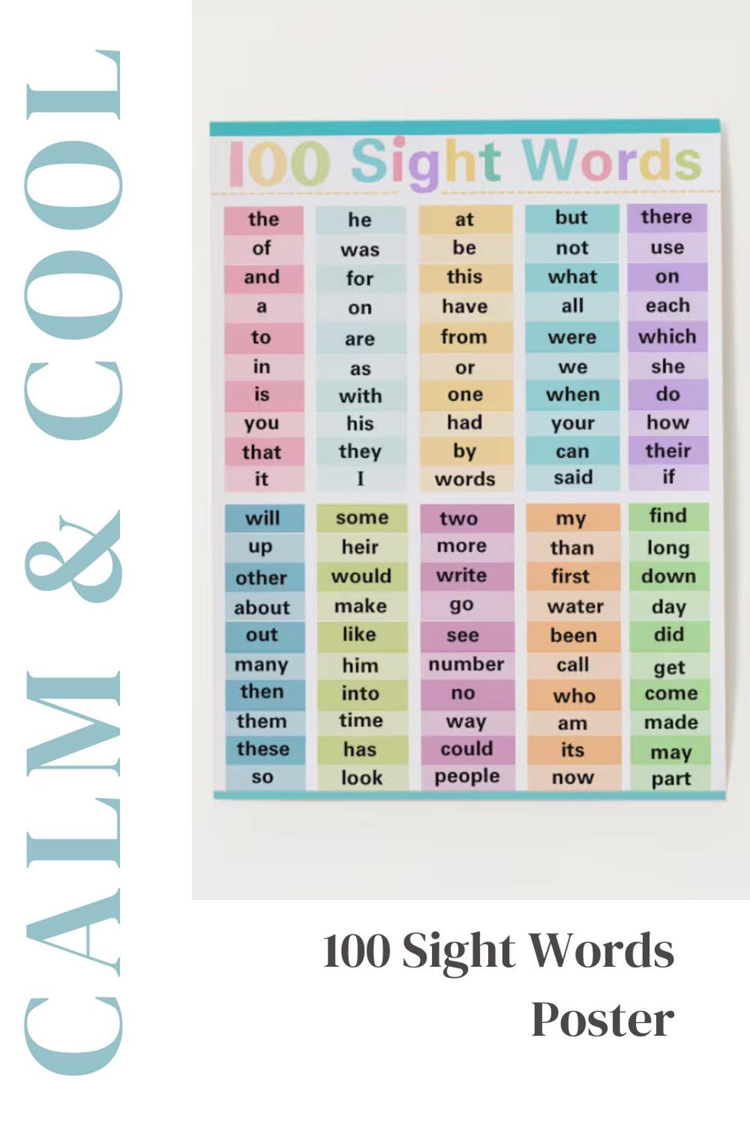 Digital Downloas 100 Sight Words Chart Calm and Cool| First 100 Sights ...