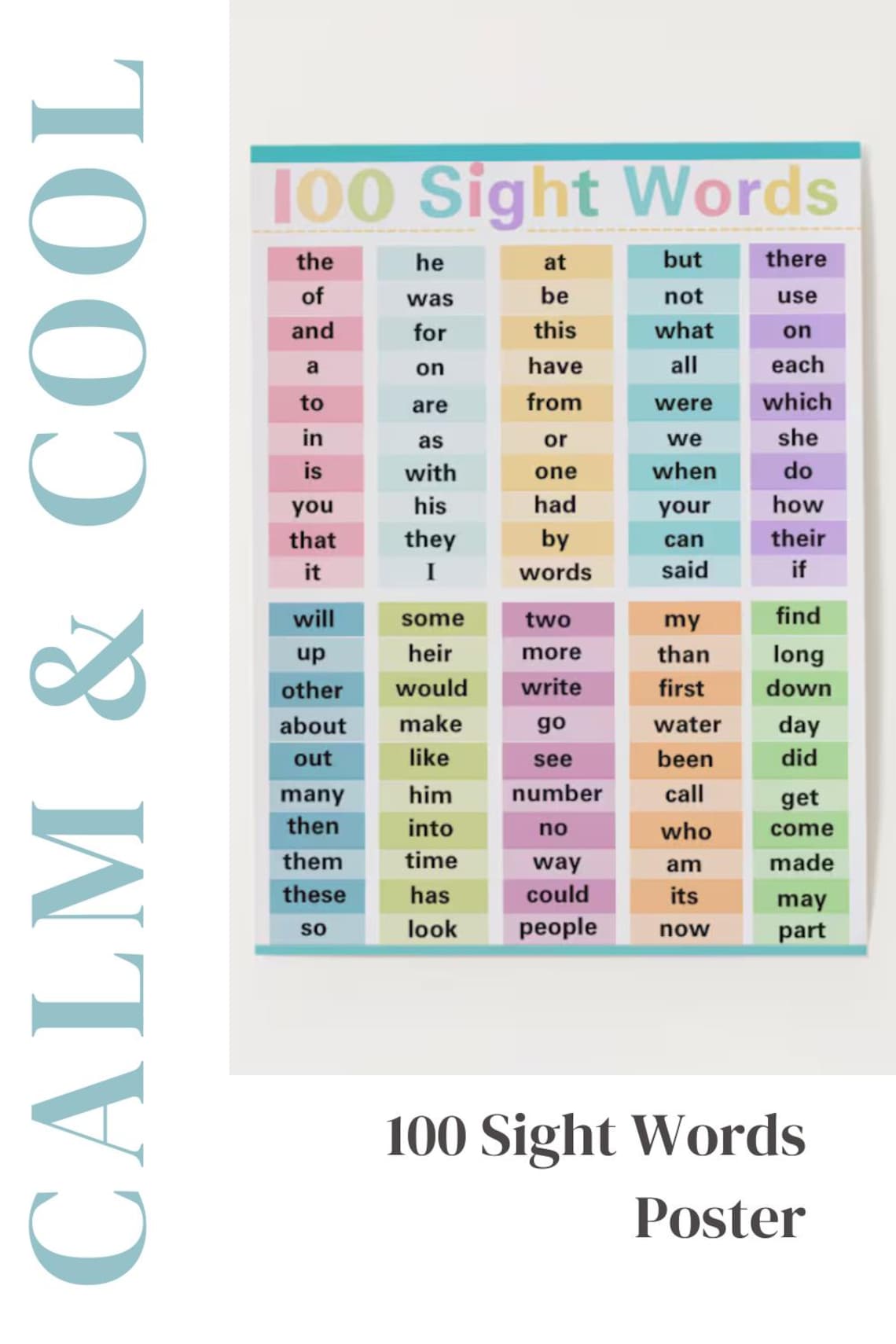 Digital Download 100 Sight Words Poster Calm and Cool - Etsy
