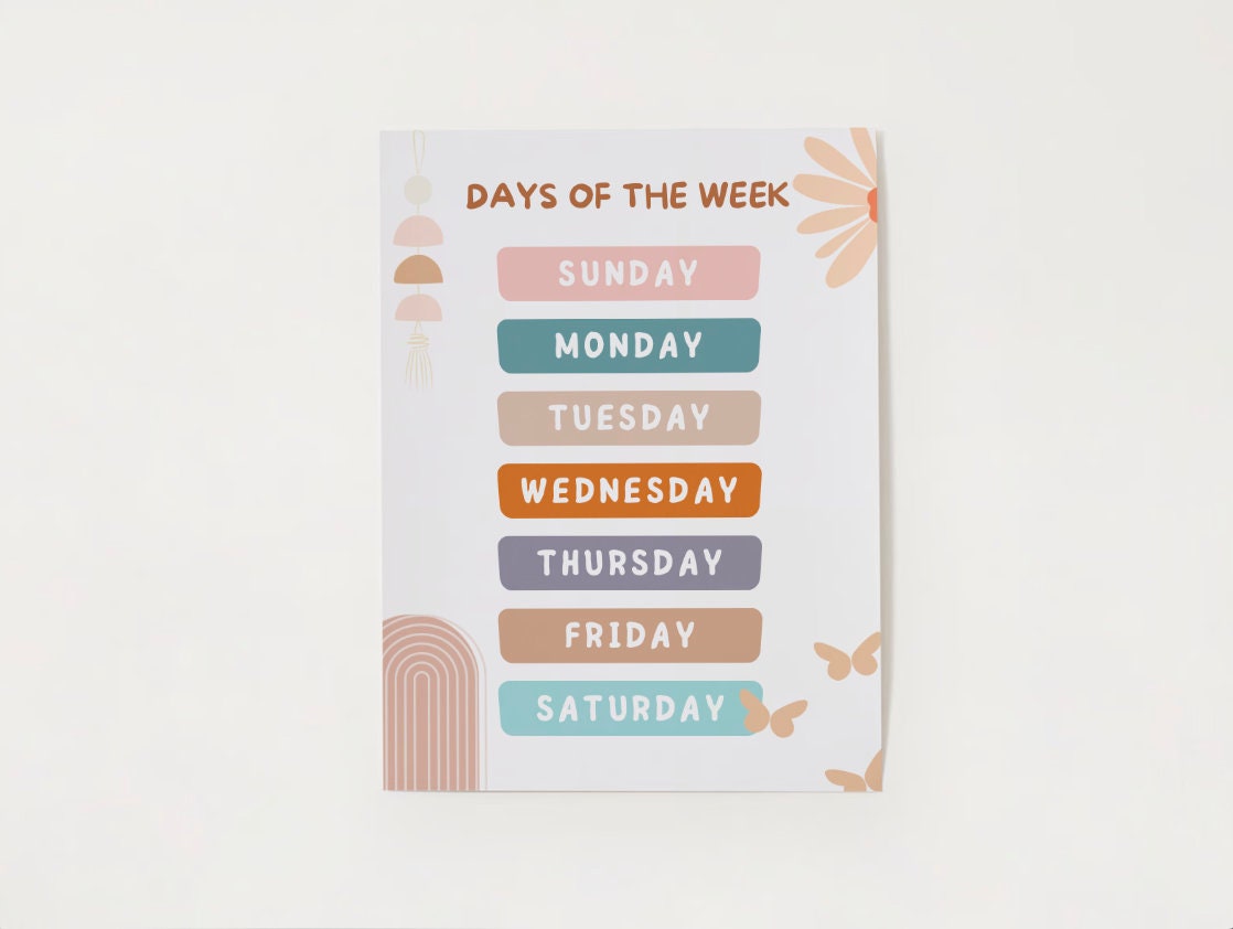 Digital Download Boho Days of the Week| Boho Playroom Poster|homeschool ...