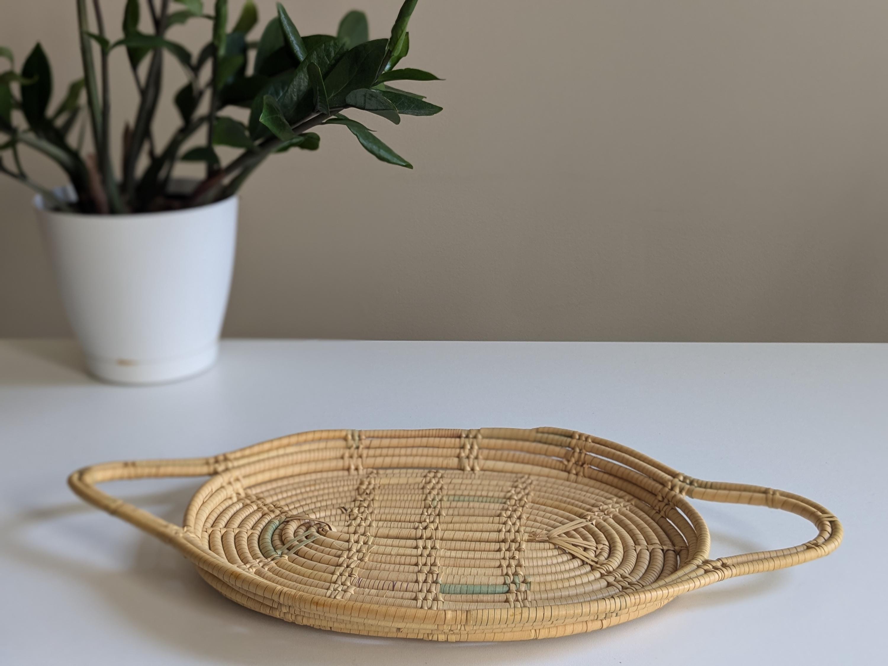 Woven Shallow Basket Tray | Hand Made Basket With Handles - Etsy