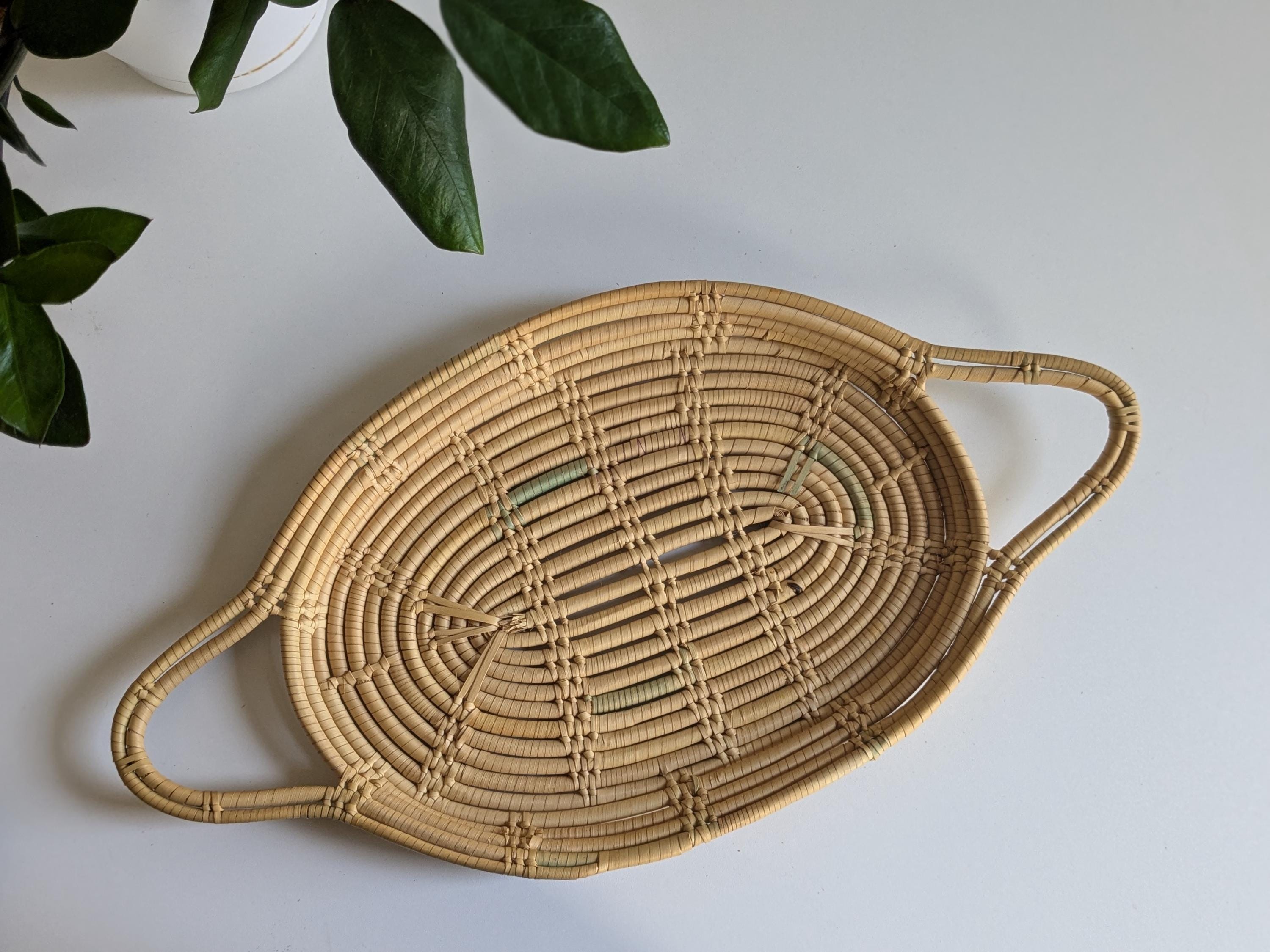 Woven Shallow Basket Tray | Hand Made Basket With Handles - Etsy