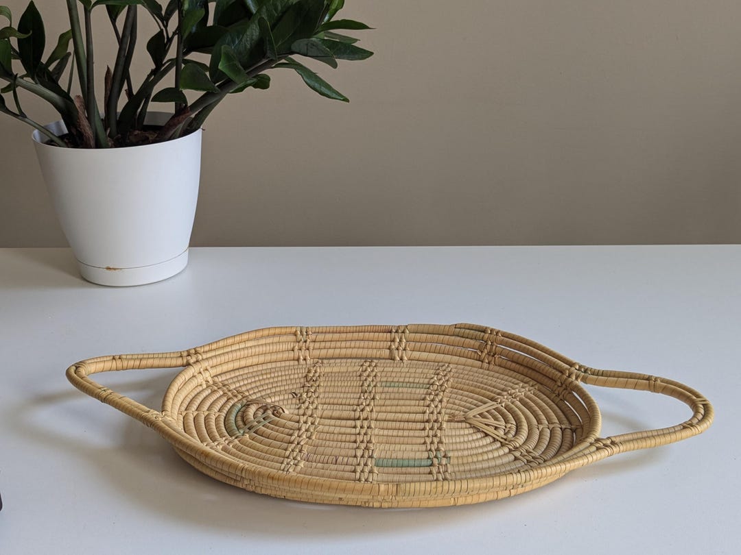 Woven Shallow Basket Tray | Hand Made Basket With Handles - Etsy