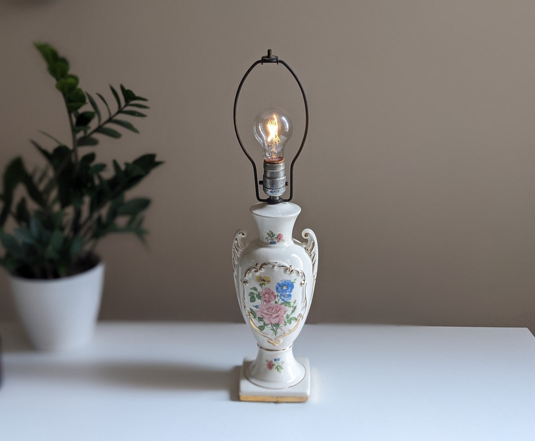 Cottagecore 1940s Floral Lamp | Ceramic Painted Roses & Flowers | Cream ...
