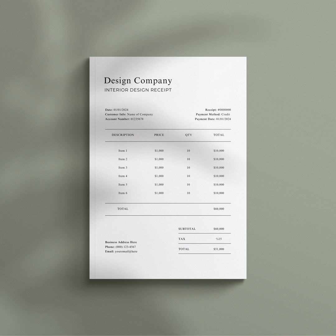 Interior Design Receipt, Invoice Template, Small Business Receipt ...